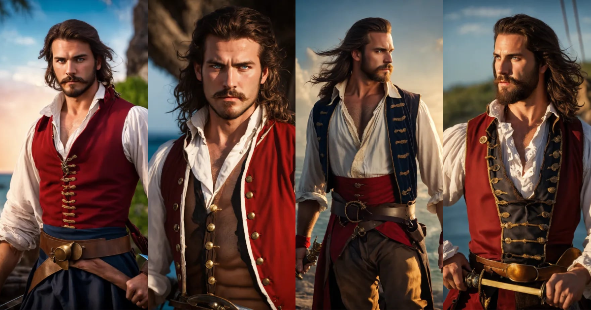 Lexica - Holding a rapier an adult male pirate with long swept back ...