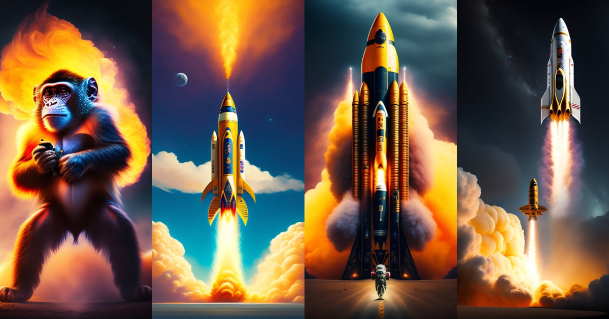 Lexica - Space monkey, launching to space, rocket, flames