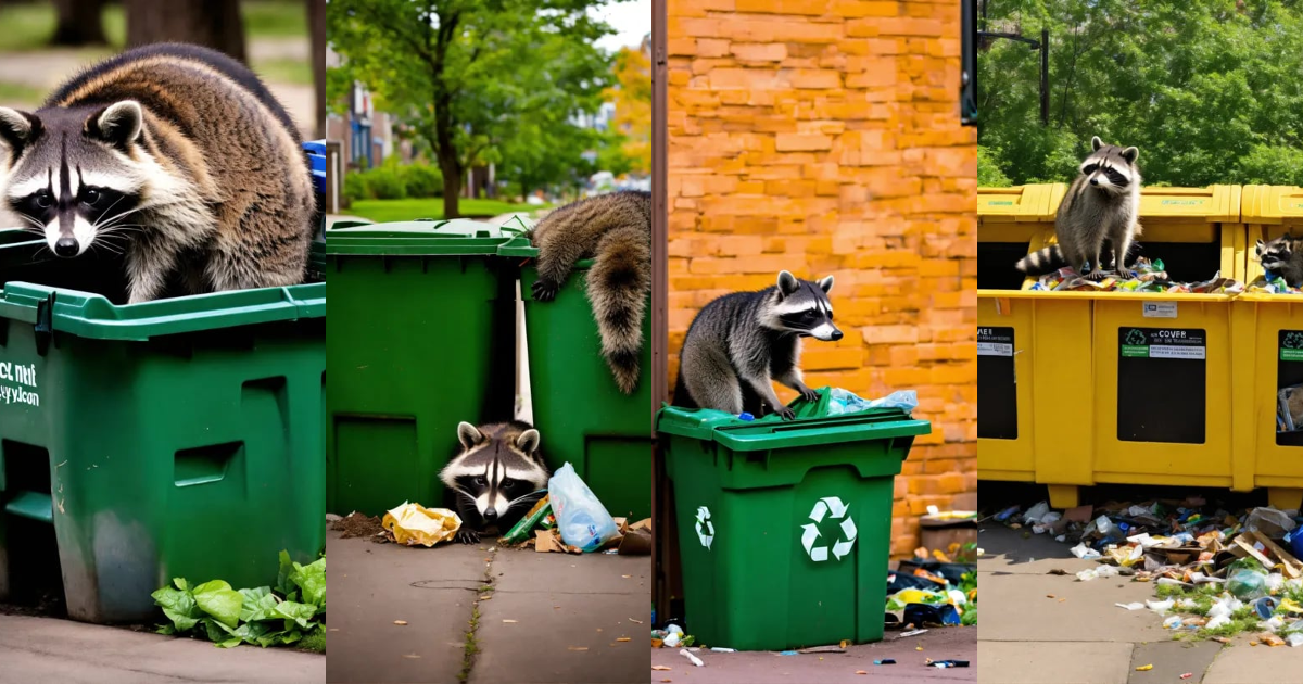 Lexica - A photograph of a raccoon digging through recycling bins, surreal