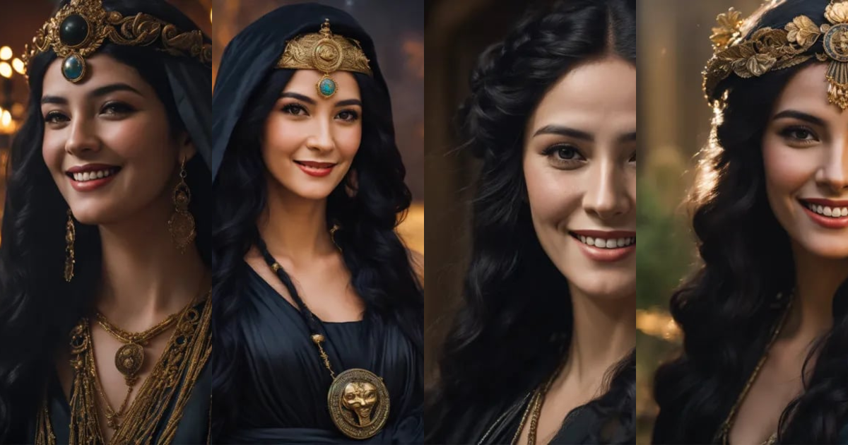 Lexica - Smiling Greek goddess Hecate, black hair, flowing black robe ...