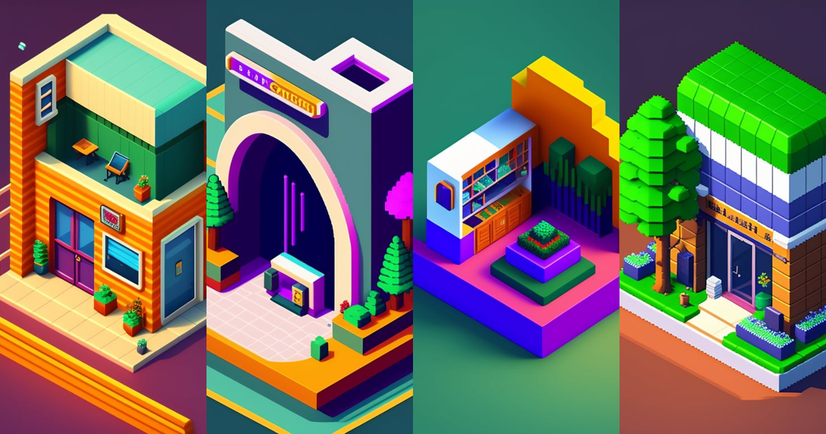 Lexica - Isometric clean pixel art image of outside of cute design studio