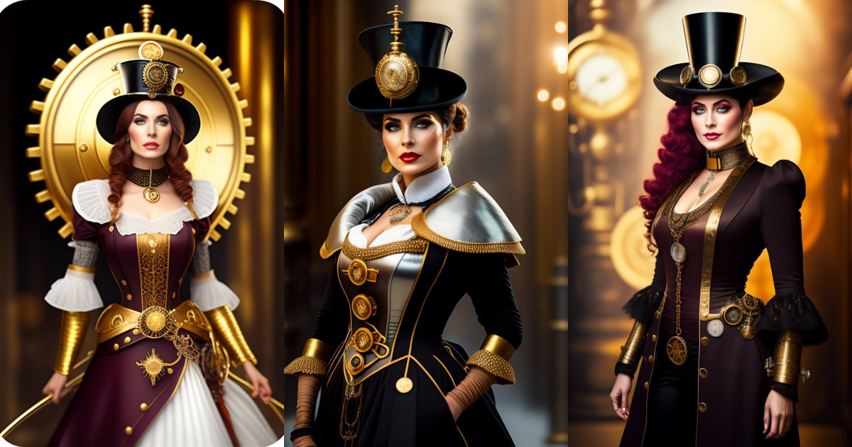 Lexica - A woman wearing clockwork steampunk outfit and tophat, gears ...