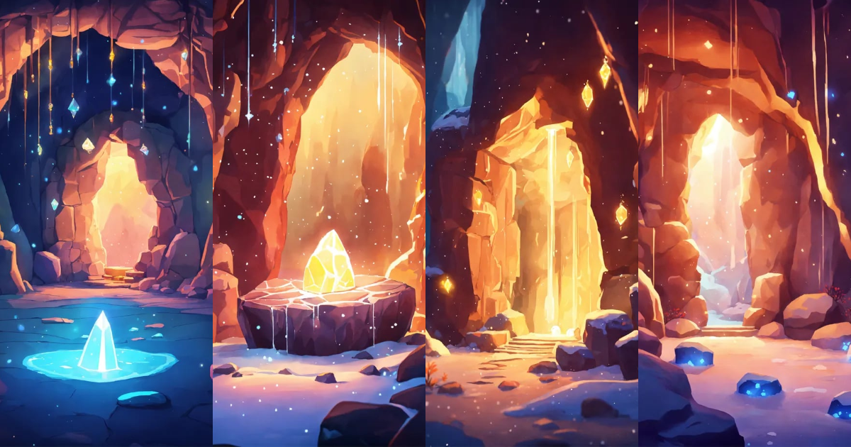 Lexica - A little magic shining stone inside a snowing enchanted cave ...