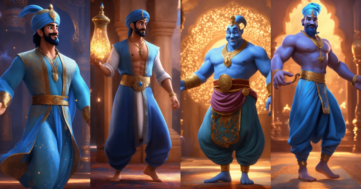 Lexica - Create a 3D rendering of a magical blue Arabian male genie ...