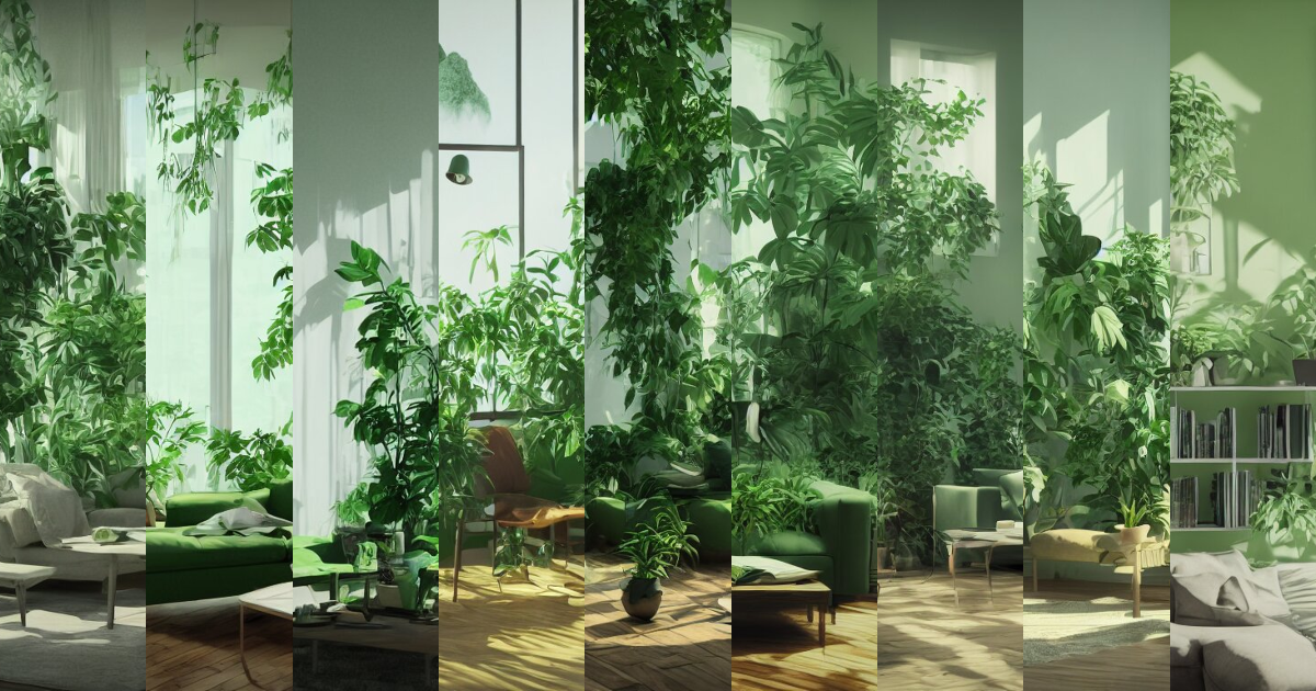 Lexica - Comfy green living room with many plants, complicated liminal ...