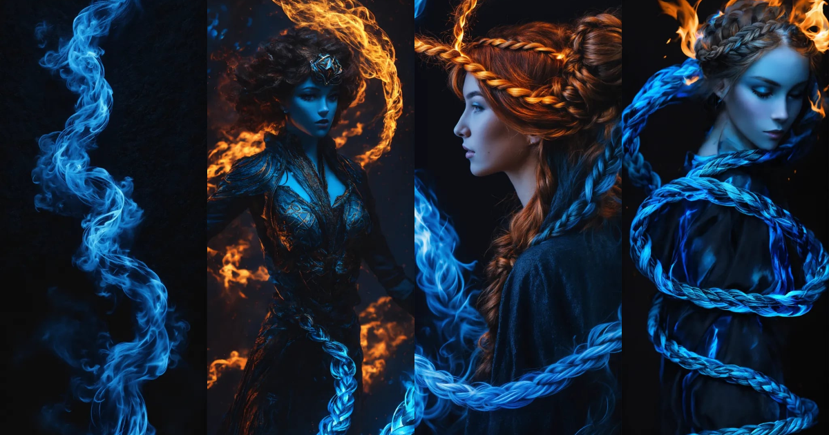 Lexica - Blue fire over black background, twisting into braids