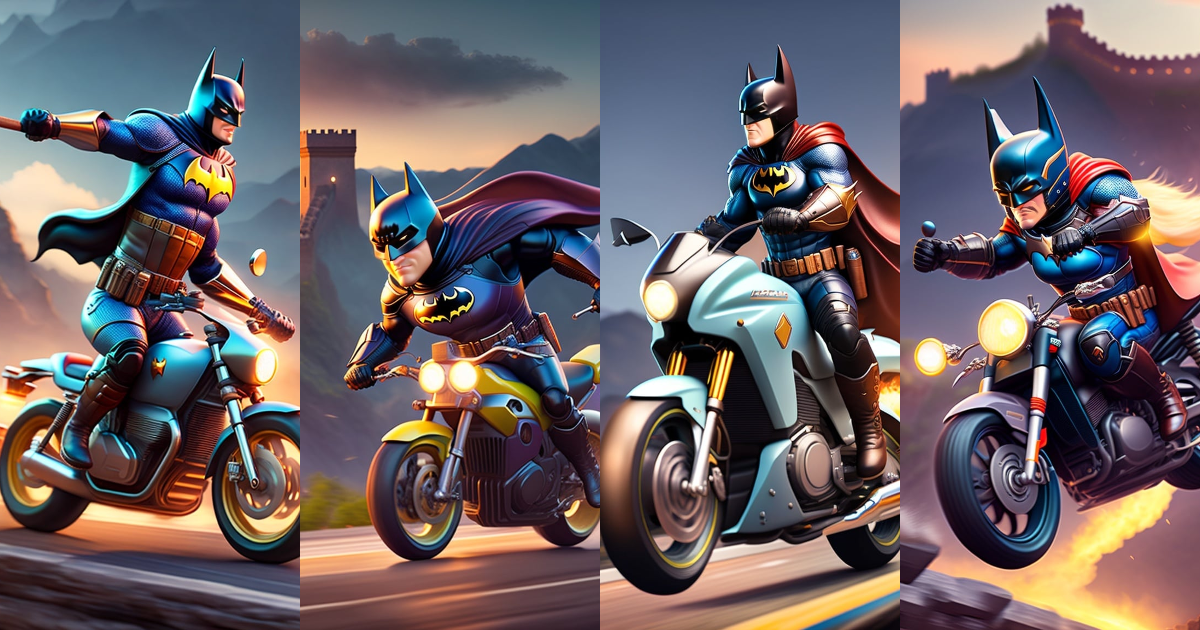Lexica - An action scene of Batman riding a motorcycle, on the great ...