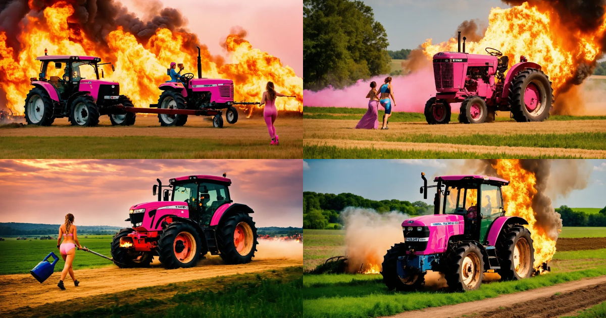 Lexica - Tractor burning in a field and lady in a pink swimming suit ...