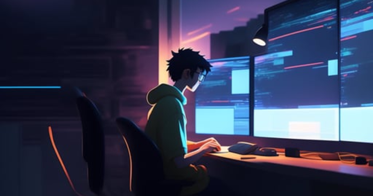 Lexica - A nerdy boy is programming at a computer in a room full of ...