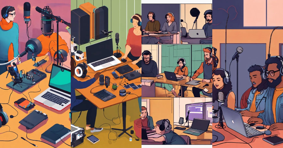 Lexica - A group of people making a podcast. With podcasting equipment ...