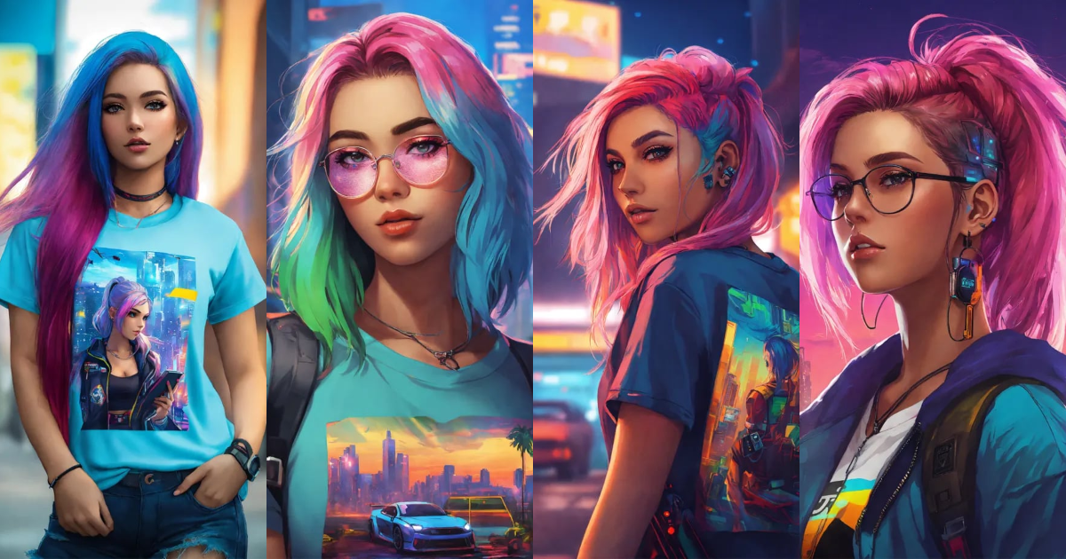 Lexica - Female cyberpunk college student t-shirt long colorful hair ...