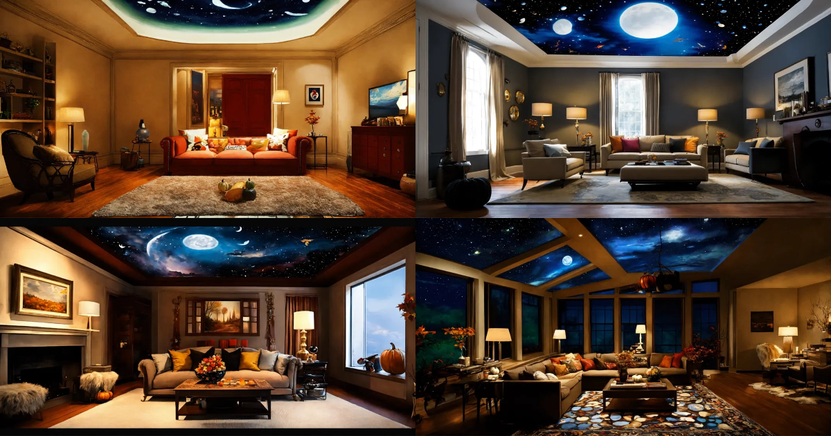 Lexica - Fall living room tim burton style night ceiling sky fussy rug