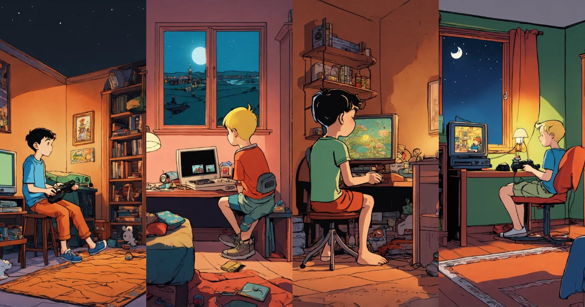 Lexica - A boy playing video games at night in his room, illustration ...