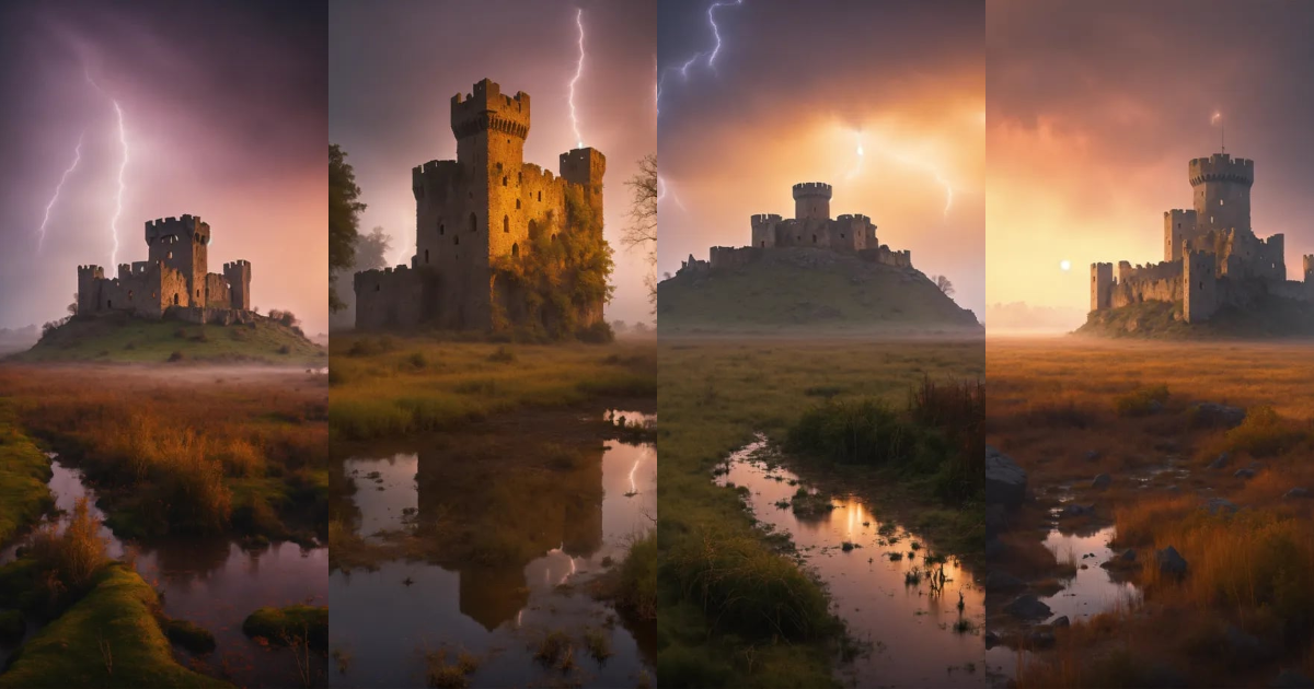 Lexica - Ruin of a stone castle in the middle of a foggy barren swamp ...