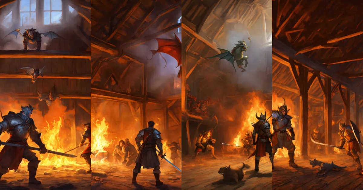 Lexica - Fantasy adventurers in an old barn battling fire gargoyles ...