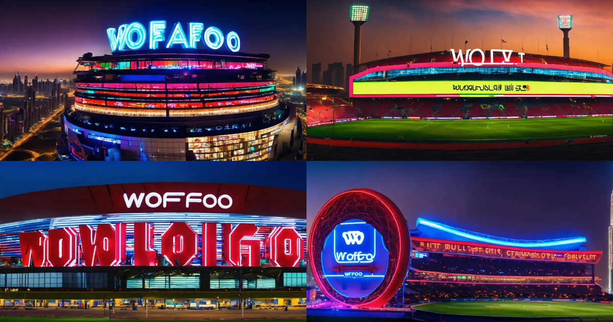 Lexica - Ball shaped stadium name WOFO with ball logo WOFO neon lights ...