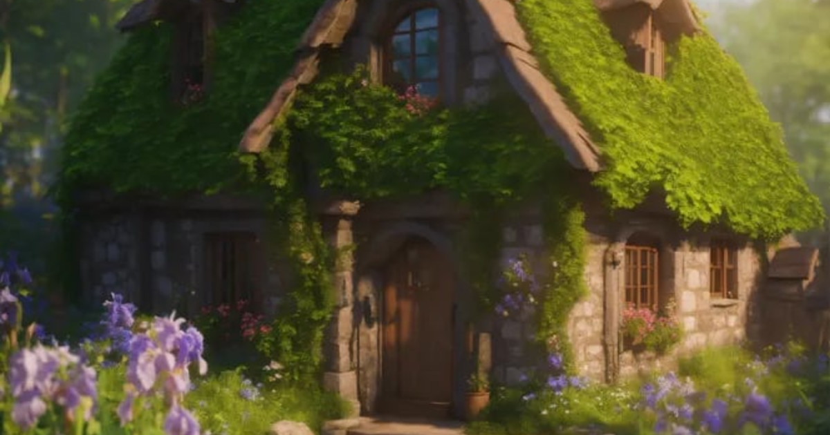Lexica - A beautiful small medieval cottage with iris flowers and green ...