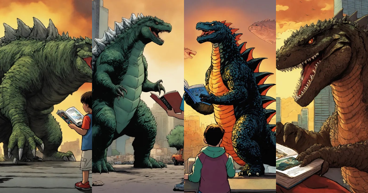 Lexica - Kid reading a godzilla comic book coming to life