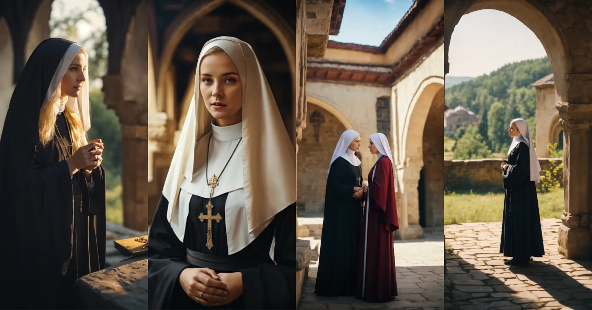 Lexica - An epic fantasy scene featuring a gorgeous beautiful blonde nun in conversation with ...