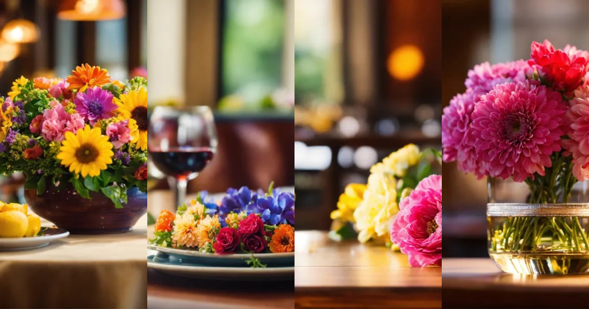 Lexica - Restaurant table with flowers, looking down, beautiful ...