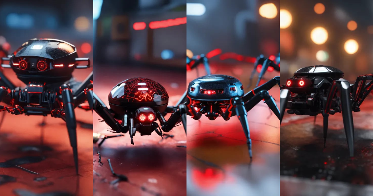 Lexica - Zoom out on a group of 5 small black spider bots with sharp ...
