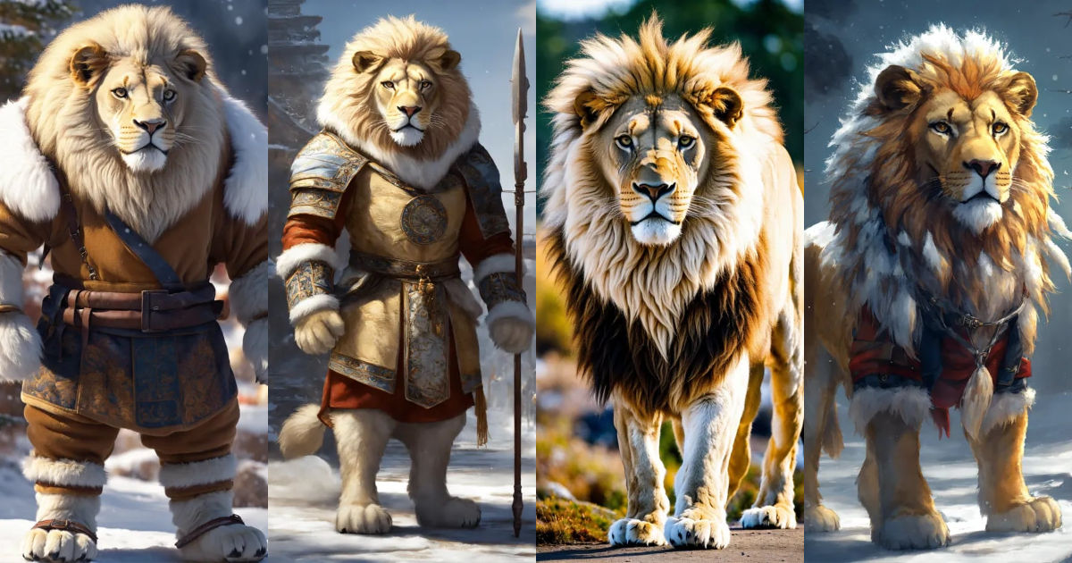 Lexica - A bipedal lion with white fur, wearing heavy winter clothing