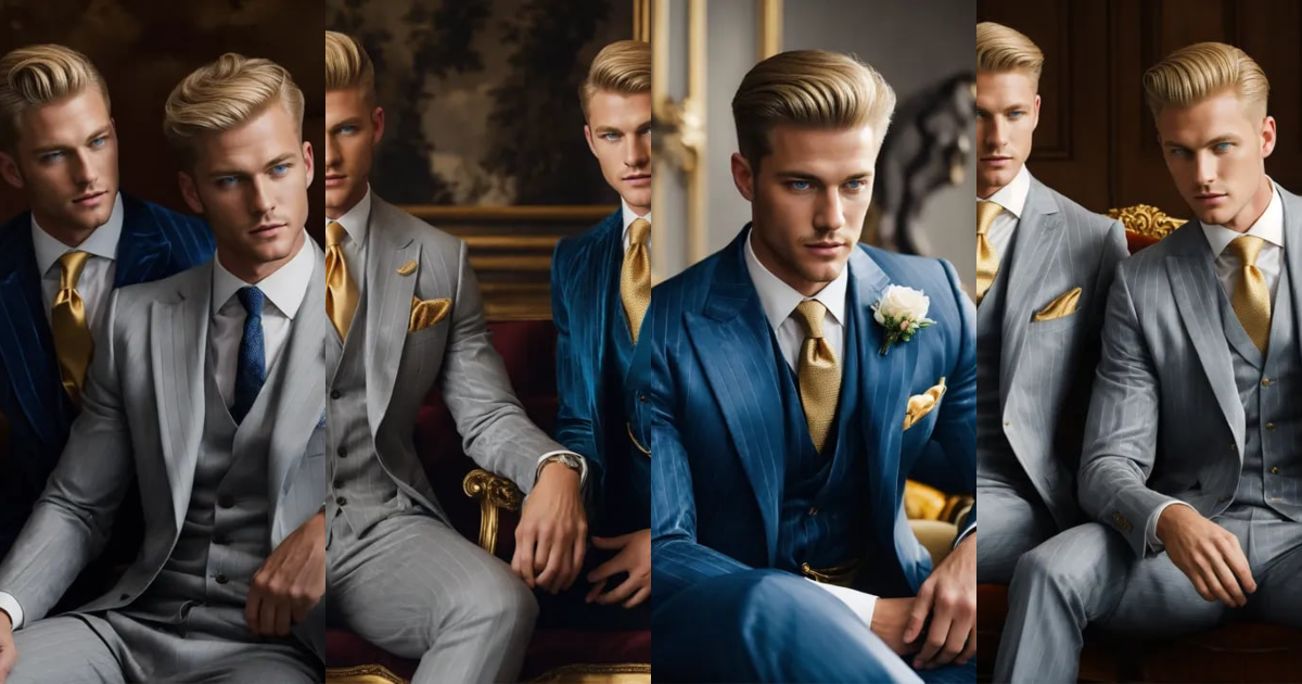 Lexica - Two blonde gentlemen in light grey pinstripe vested suit ...