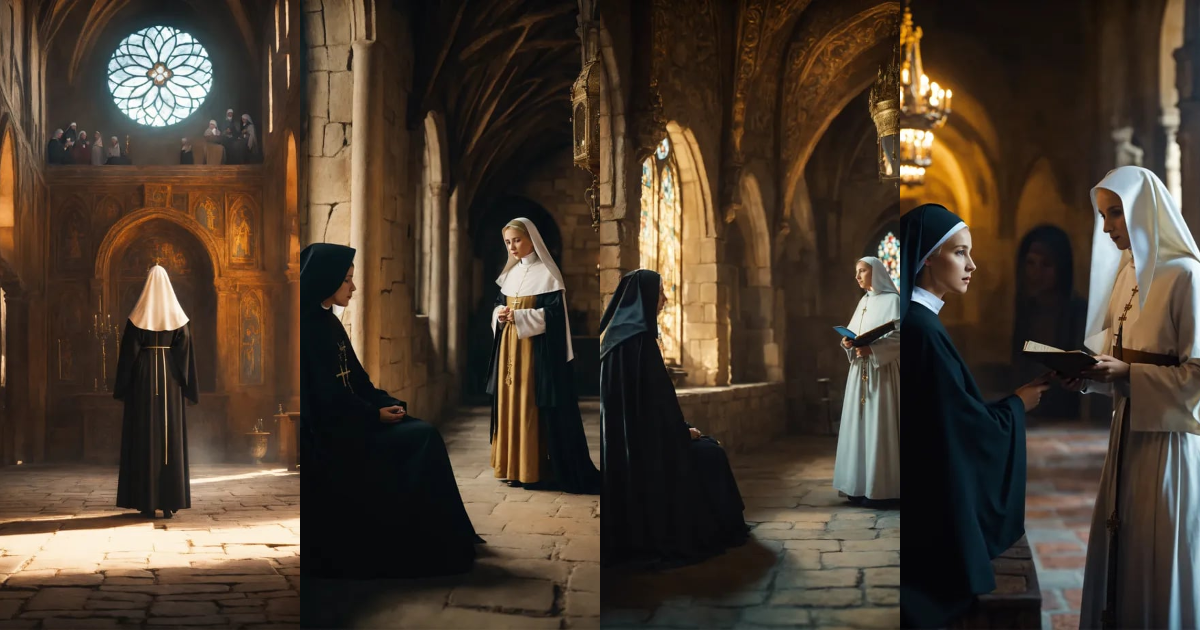 Lexica - An epic fantasy scene featuring a gorgeous beautiful blonde nun in conversation with ...