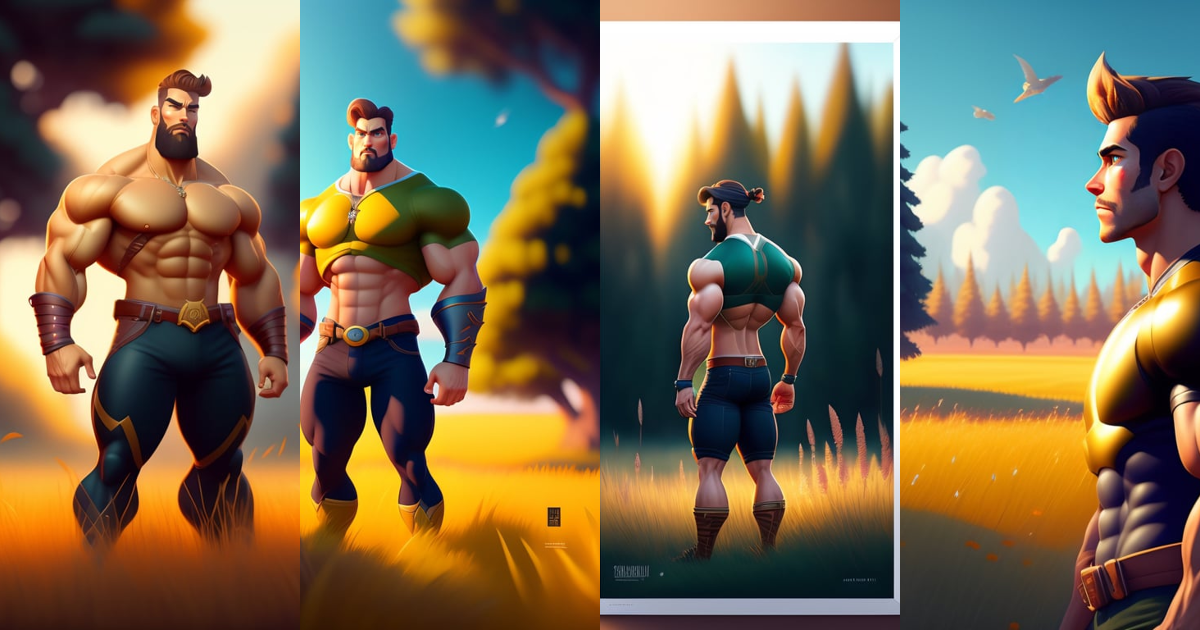 Lexica - View of gorgeous meadow with fit muscle guy, animation pixar ...