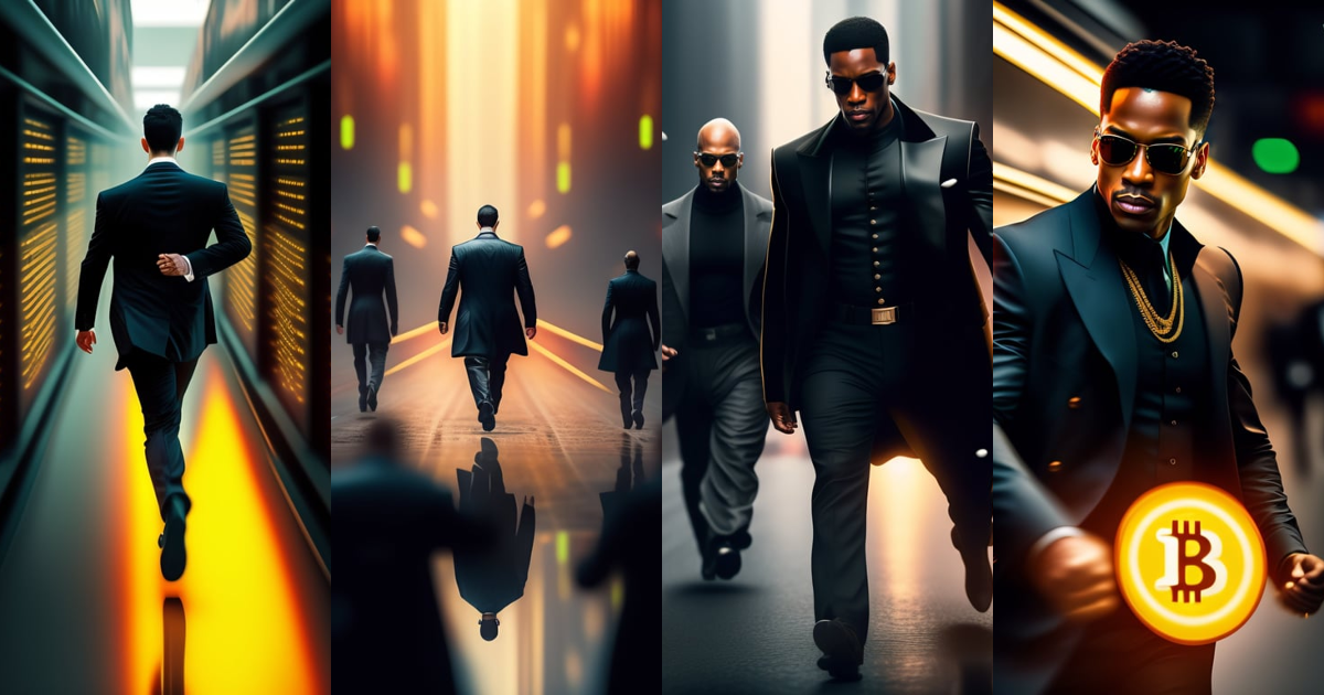Lexica - Neo in the Matrix running from agents holding a big bitcoin