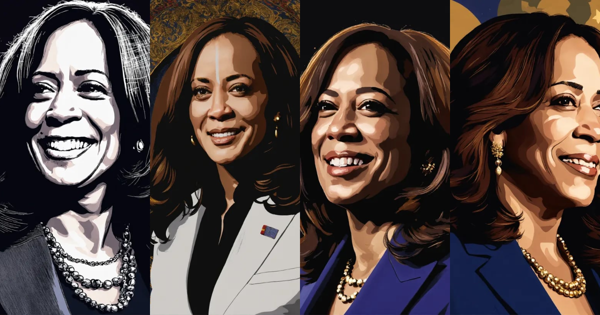 Lexica - Create a portrait of Kamala Harris on a black background.