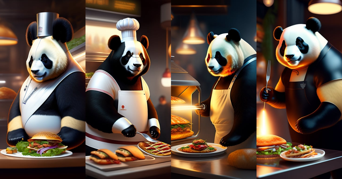 Lexica - A panda bear wearing a chef hat and serving a kebab in a ...