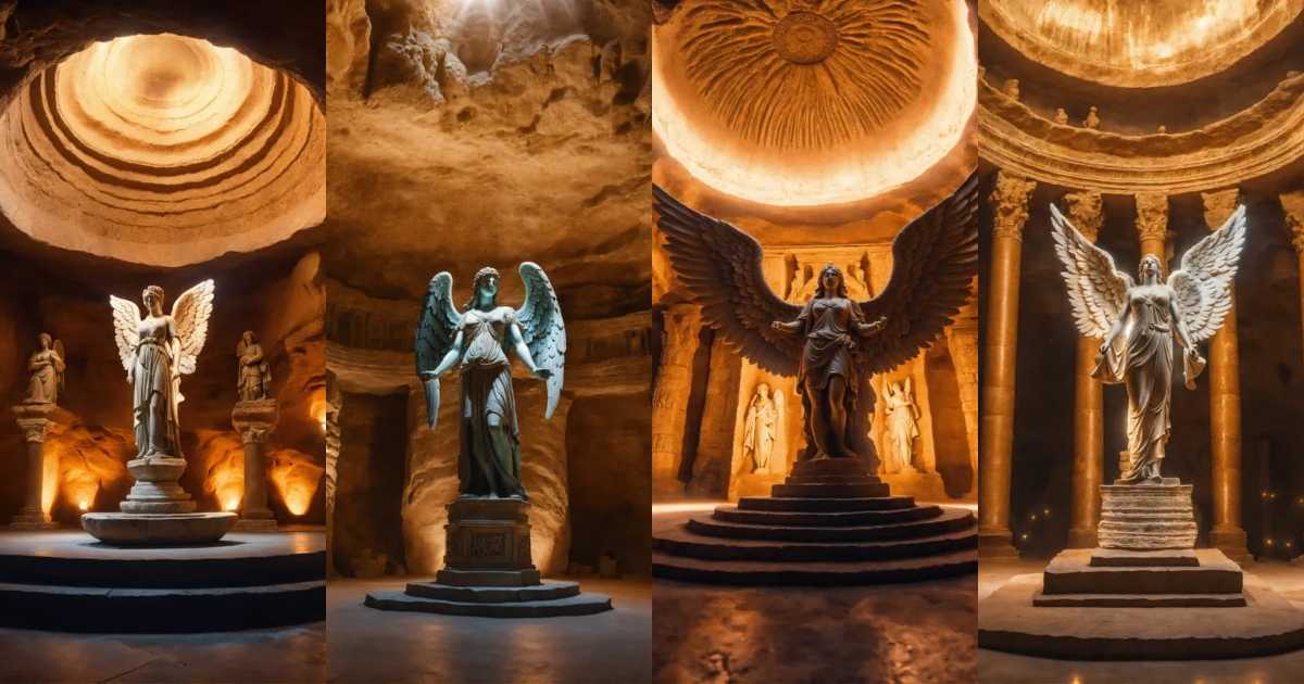 Lexica - Colossal angel statue on the bottom of a deep ornamented ...