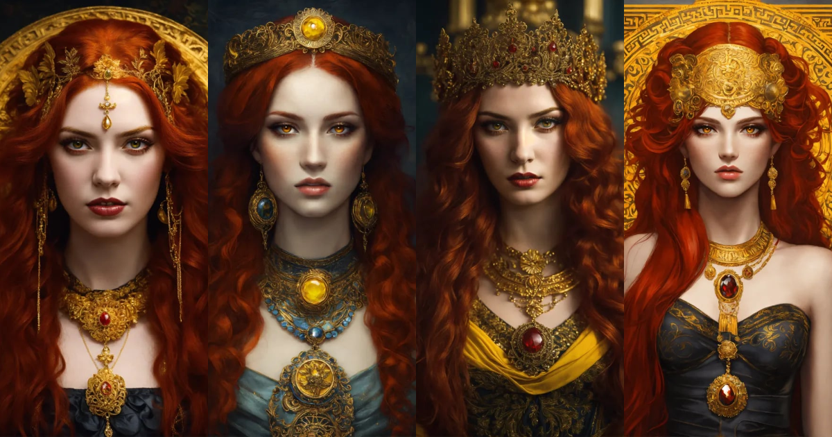 Lexica - Goth Greek goddess with red hair and yellow eyes. royal portrait
