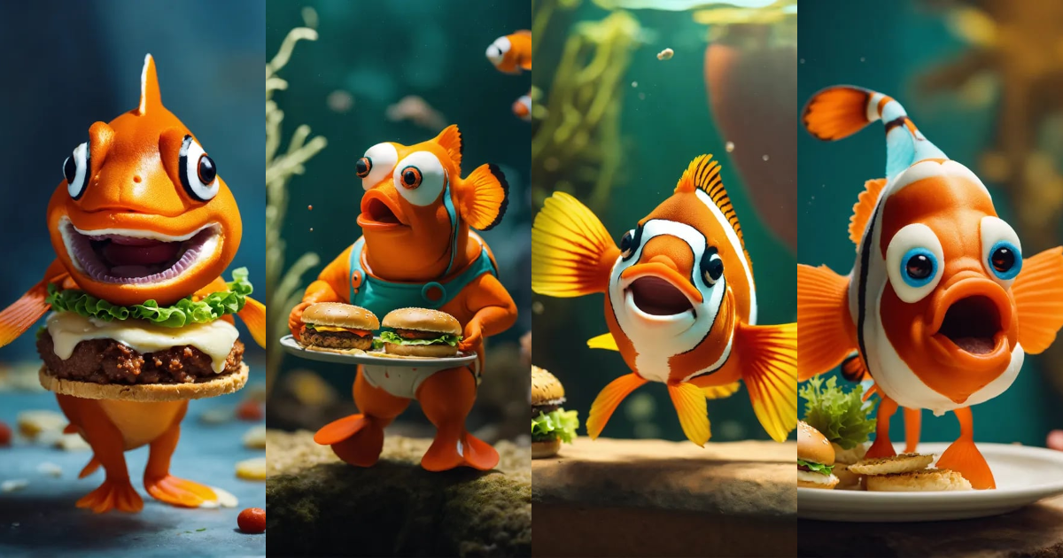 Lexica - A clownfish standing on 2 legs, eating hamburger, claymation, 8k