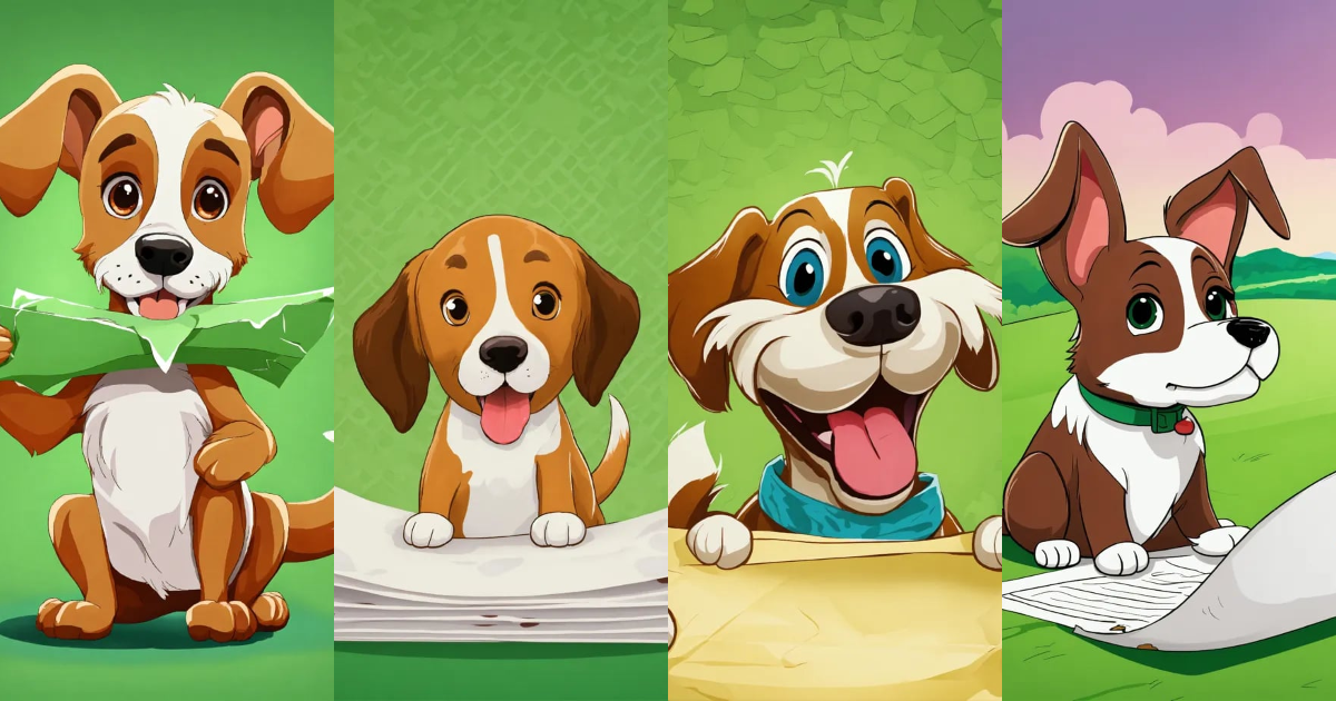Lexica - Cartoon dog eating paper green background