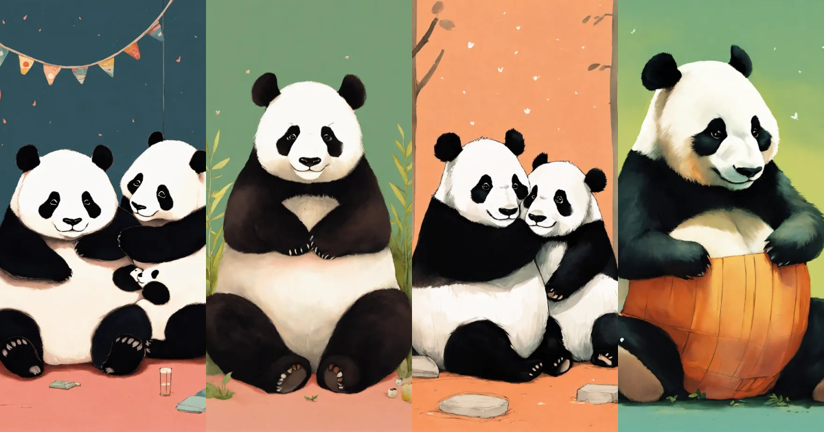 Lexica - Happy pandas cuddling, cute critters, by oliver jeffers