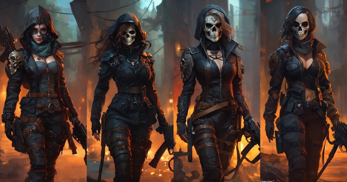 Lexica - Woman gothic necromancer summoner, using guns, military spec ...