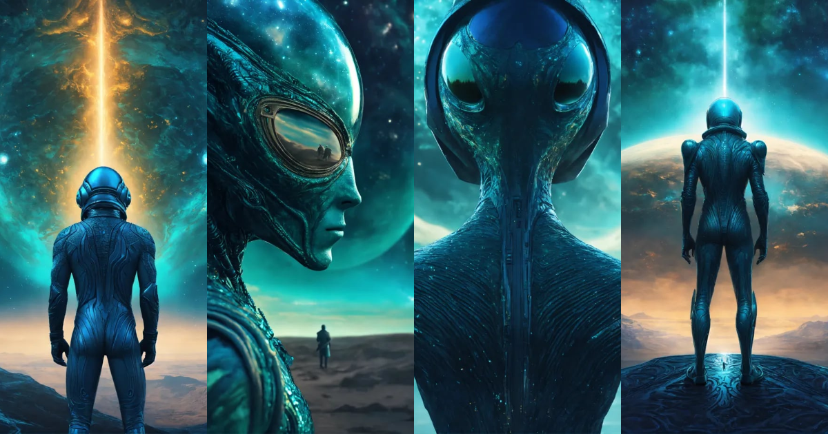 Lexica - Alienrace Alien man, from behind, looking out of the cosmic ...