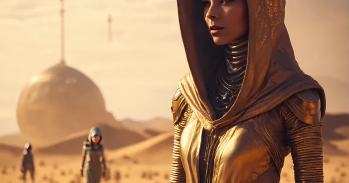 Lexica - Very slim and tall female alien creature merchant on a desert ...