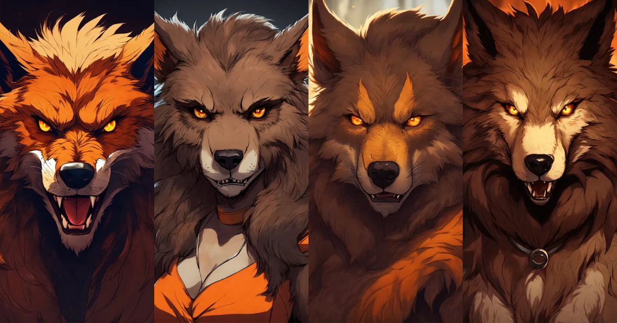 Lexica - A stunningly ferocious female werewolf, brown fur, orange eyes ...