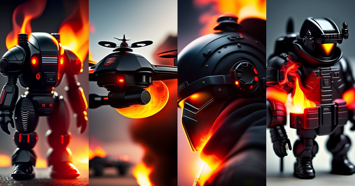 Lexica - Black mini cyber military drone , background war , fire man