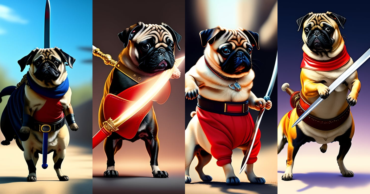 Lexica - Pug standing on two legs wielding a massive sword. akira style.