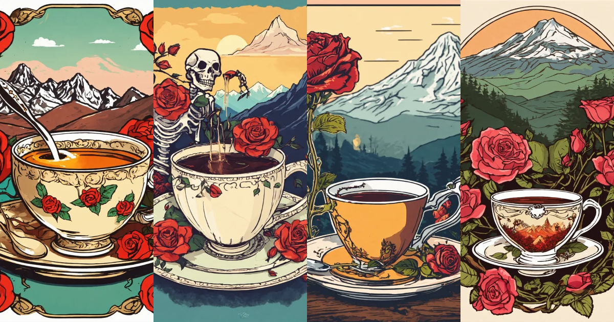 Lexica - Sticker, skeleton hand holding a vintage tea cup, hot tea ...
