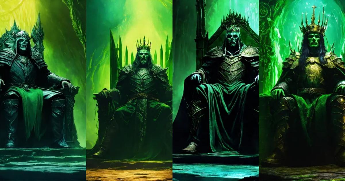 Lexica - Undead king sitting on a throne, big cavern, dramatic green ...