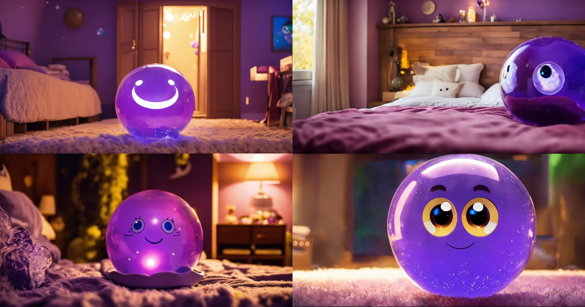 Lexica - Bubble ball, cute, smile, big eyes, purple body, moon on its forehead, bedroom