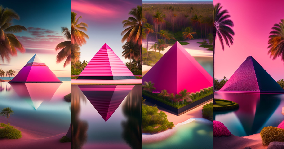 Lexica - A pink pyramid on a lac with a forest of palm trees, with a ...