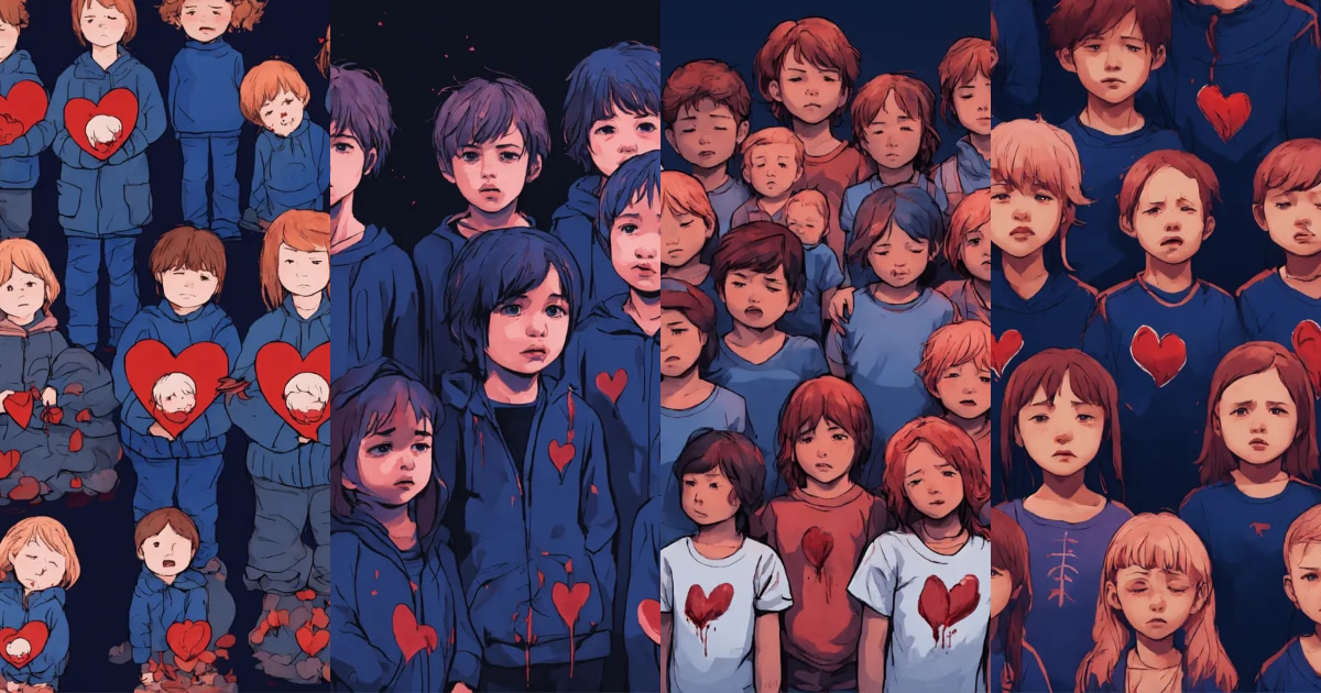 Lexica - Please generate a drawing of a big group of sad children and ...