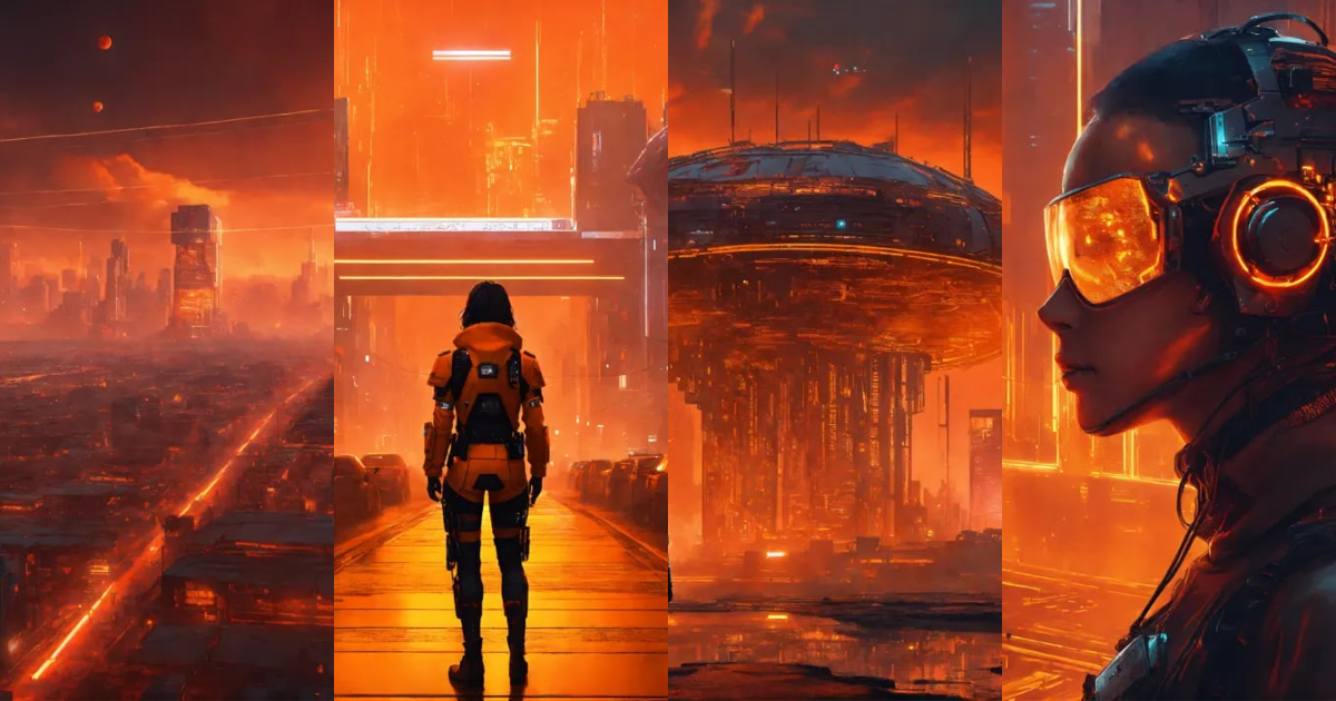 Lexica - A glowing orange, cyberpunk, dystopian sci-fi drama, featuring ...