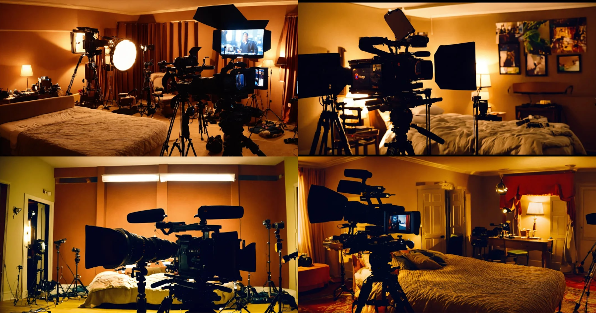 Lexica - Bedroom movie shoot, lights, cameras, movie cameras, film gear